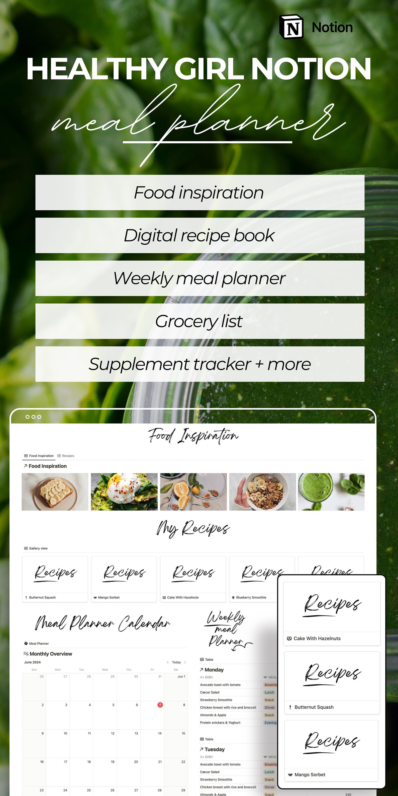 Healthy Girl Notion Template Meal Planner Nutrition Dashboard Food ...
