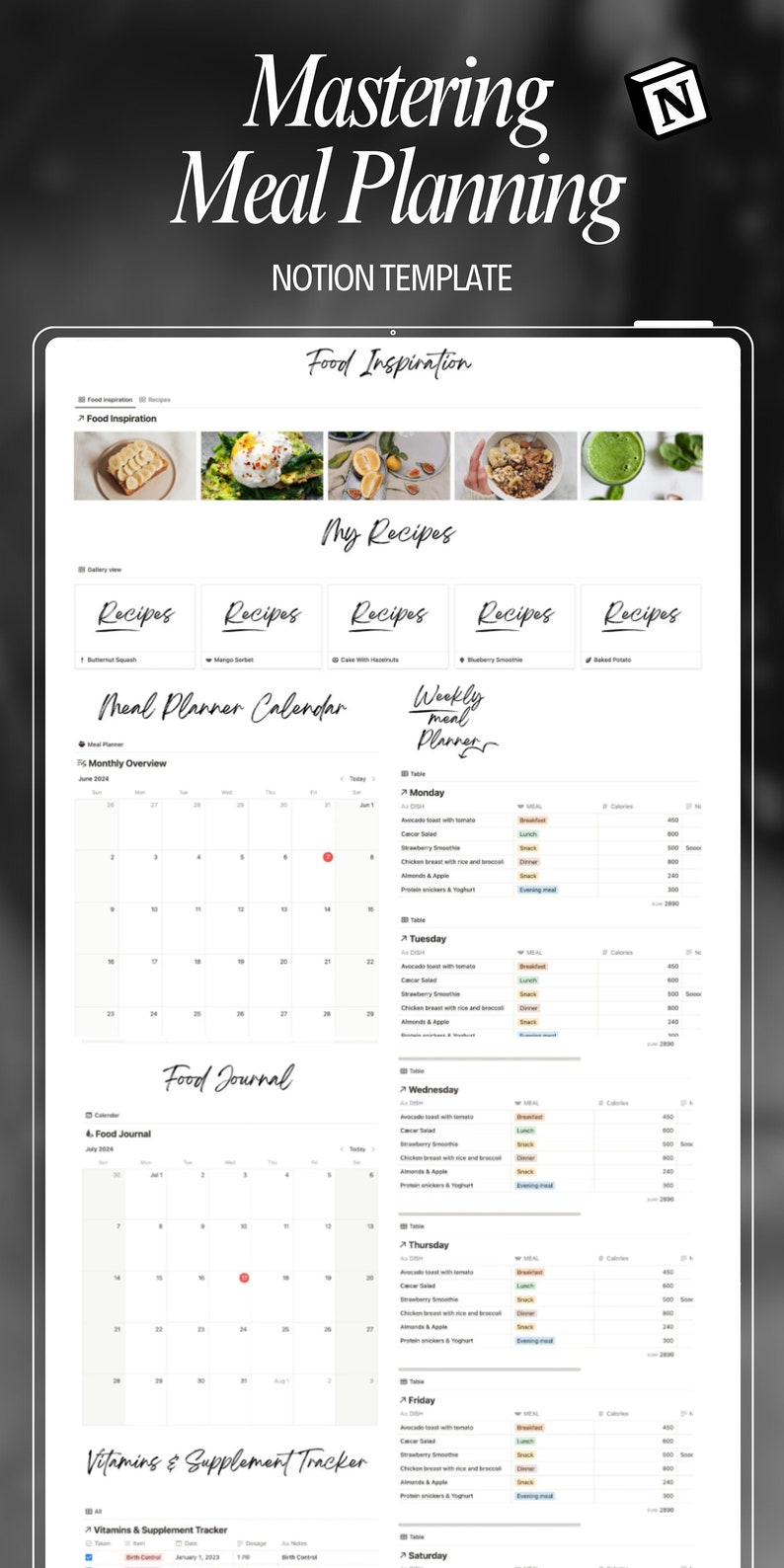 Recipe Book Notion Food Journal Template Meal Planner Calendar Kitchen ...