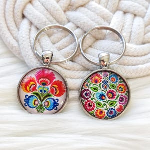 Polish Folk Style Keychain, Flower Art Keyholder, 25mm Glass Cabochon ...