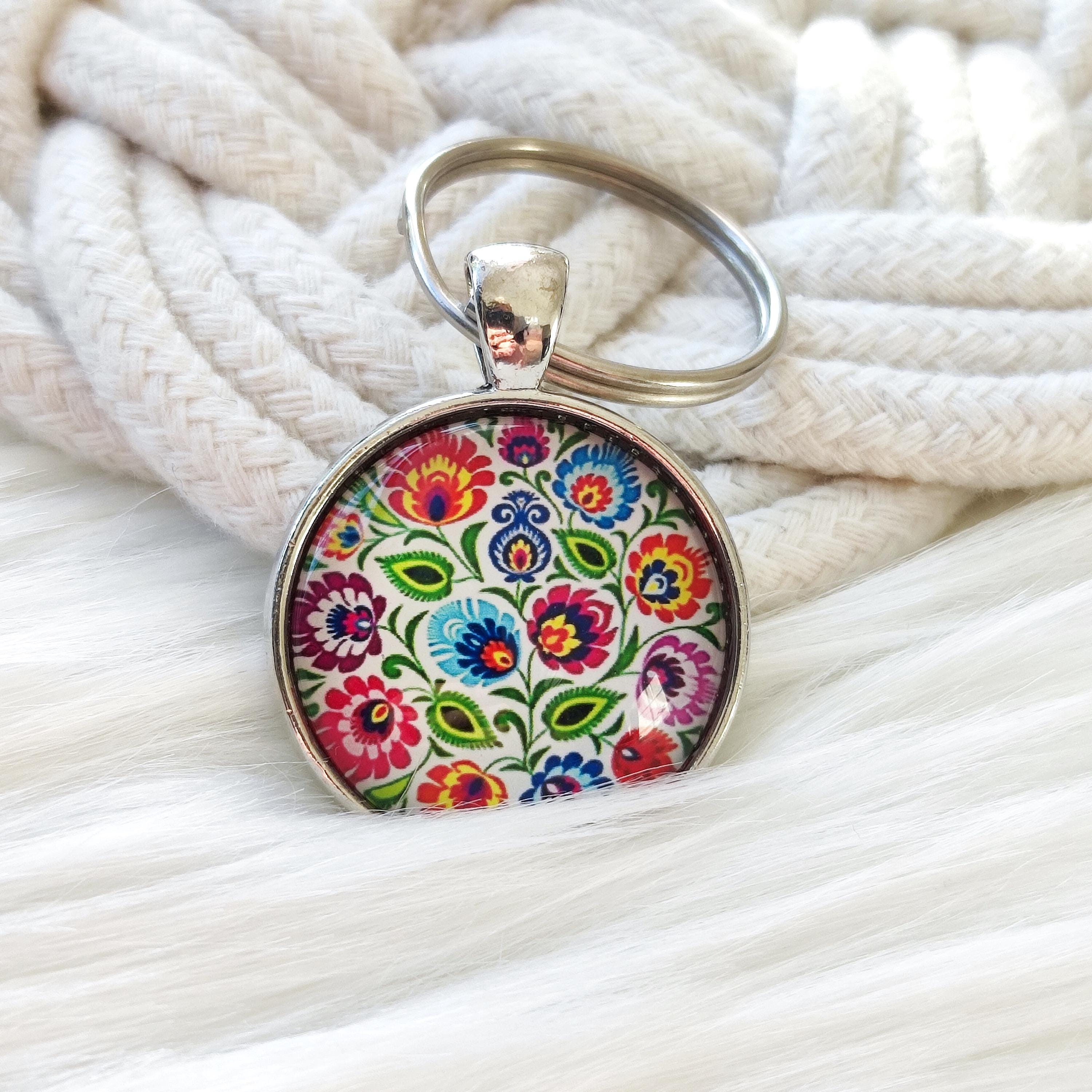 Polish Folk Style Keychain, Flower Art Keyholder, 25mm Glass Cabochon ...