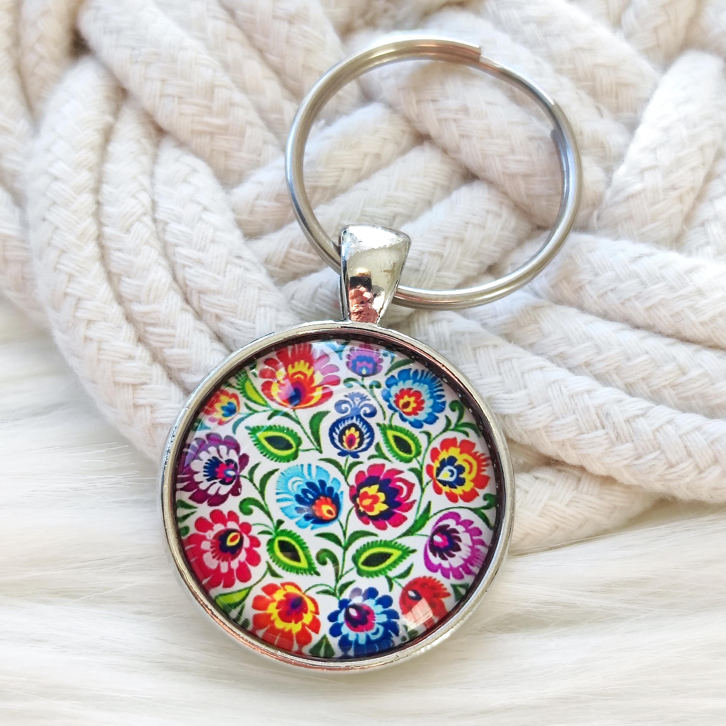 Polish Folk Style Keychain, Flower Art Keyholder, 25mm Glass Cabochon ...