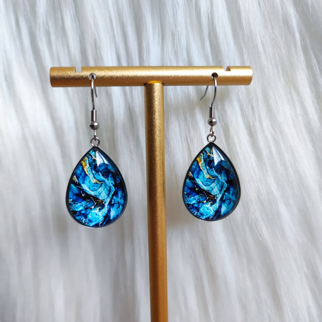 Dark and Light Blue Water Drop Shape Dangle Earrings, Imitation Stone ...