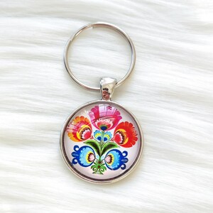 Polish Folk Style Keychain, Flower Art Keyholder, 25mm Glass Cabochon ...