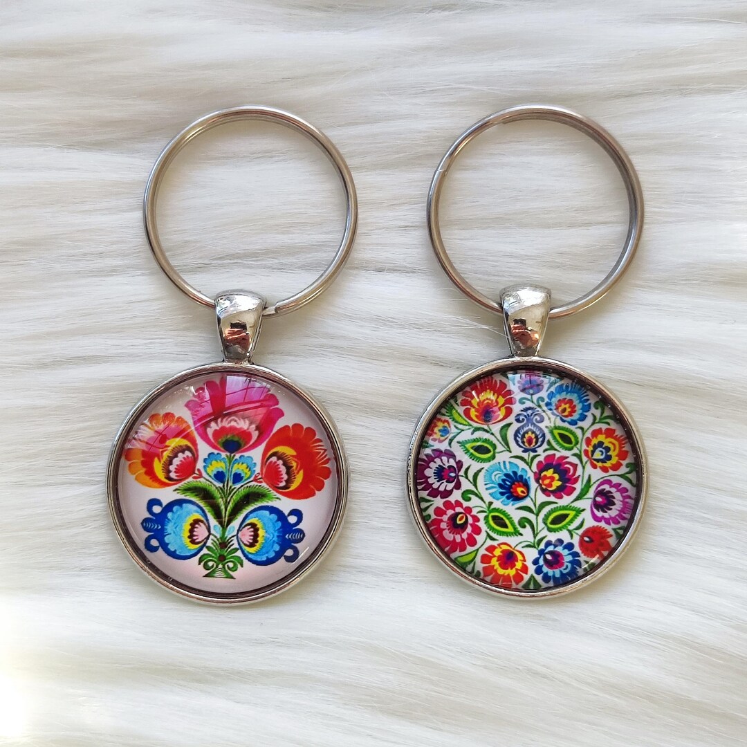 Polish Folk Style Keychain, Flower Art Keyholder, 25mm Glass Cabochon ...