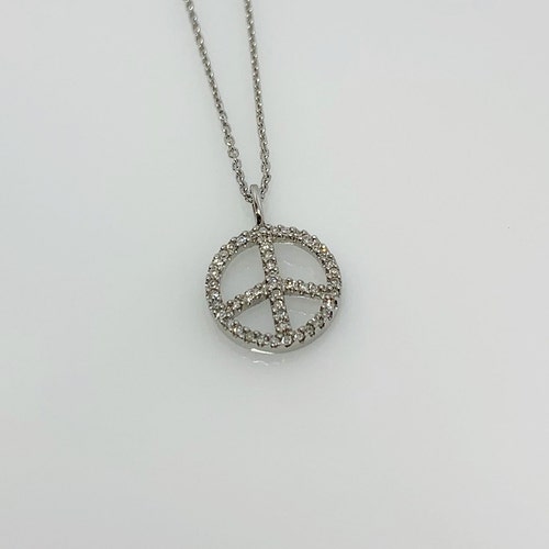 9.5mm 14K Solid White Gold Diamond Peace Sign Charm Necklace - Etsy