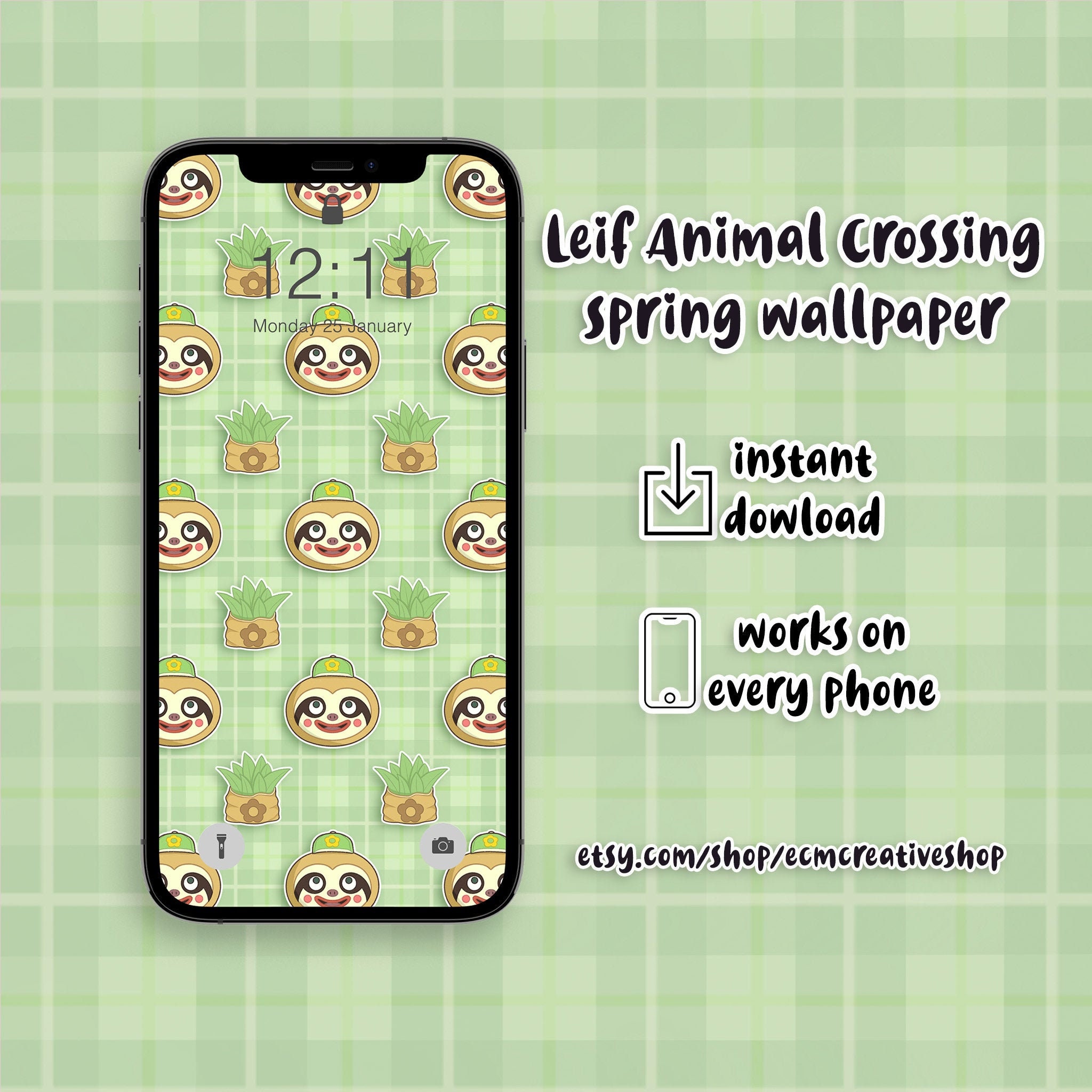 Leif Springtime Lock Screen Background - Green Gingham Animal Crossing ...