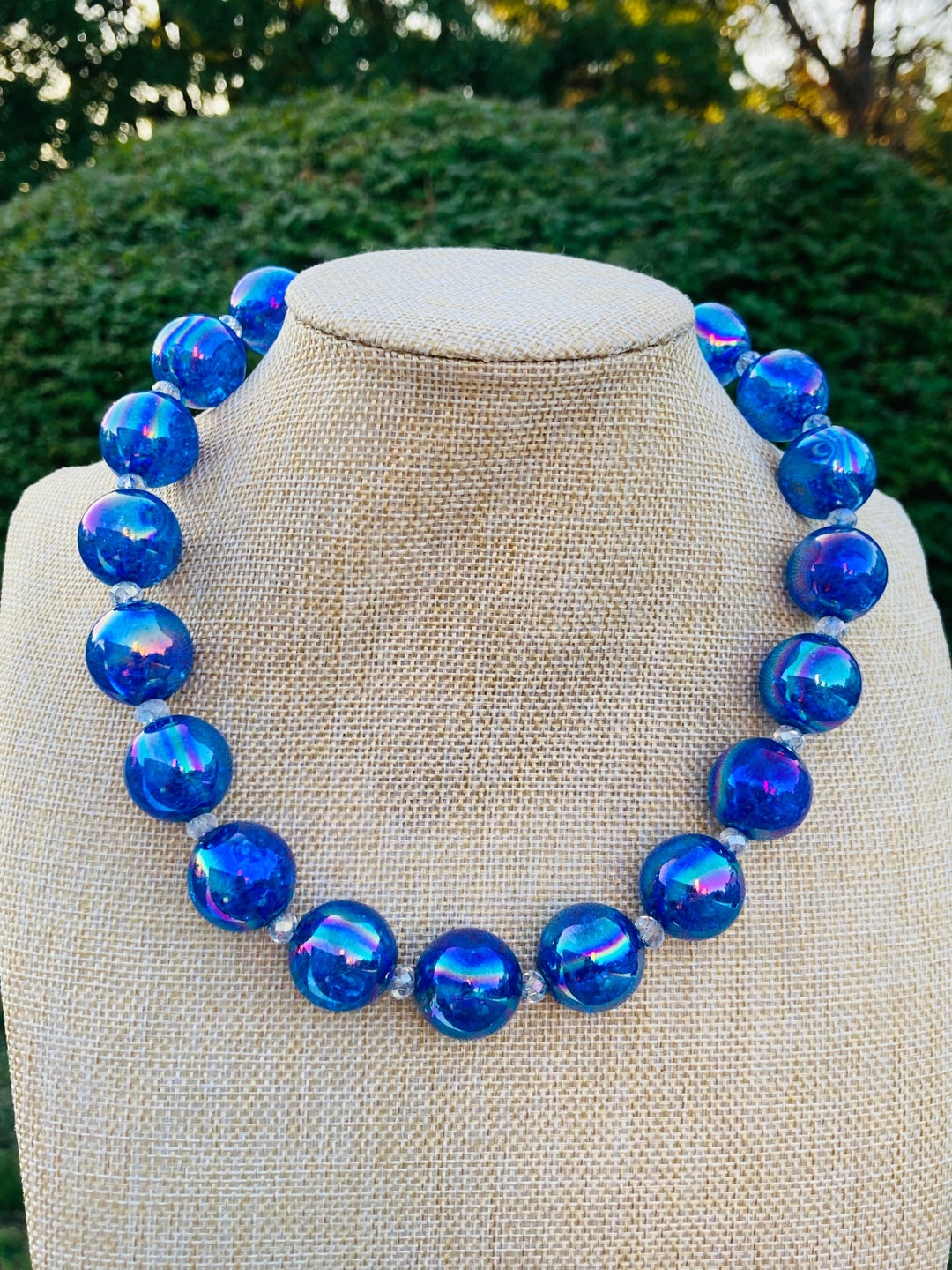 Royal Blue Beaded Necklace for Women / AB Crackle Beads / Shimmer ...