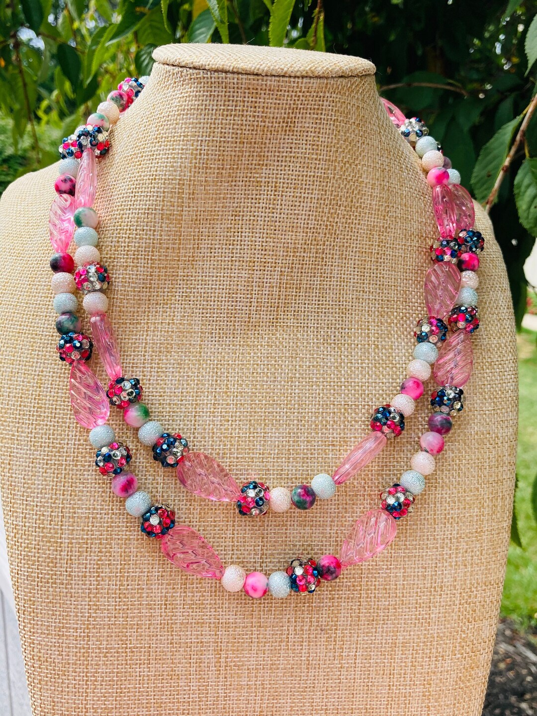 Pink Beaded Necklace / Big Beaded for Women / Rhinestone Beaded / Multi ...