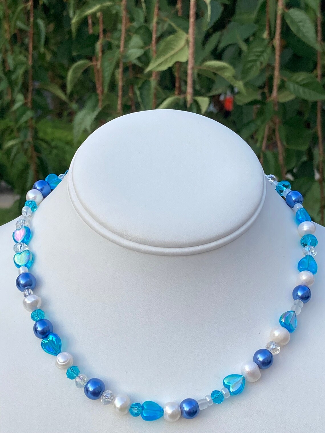 Blueberry Pearl Necklace / Blue Heart Necklace / Y2K Necklace ...