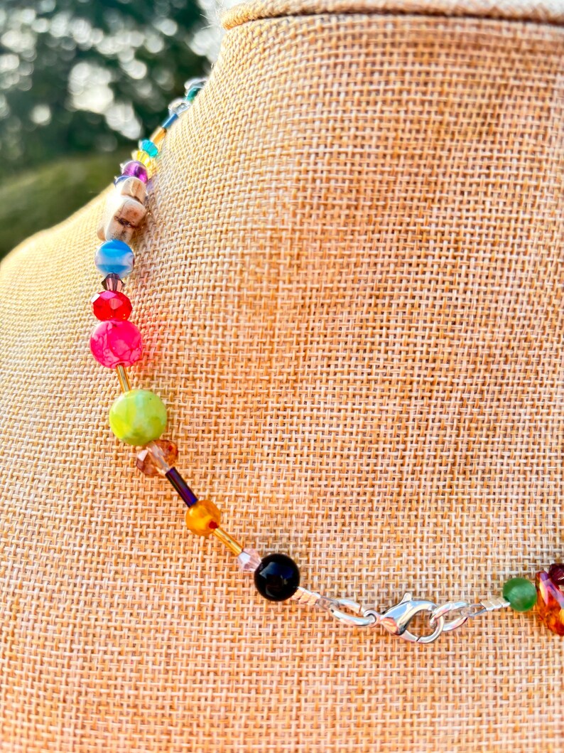Boho Beaded Necklace / Mismatch Glass Stone Seed Bead Tubes Crystals - Etsy