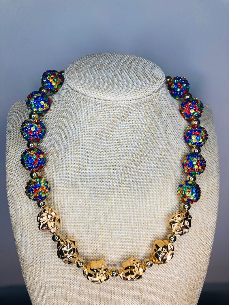 Rainbow Rhinestone Chunky Beaded Necklace / Gold Colored - Etsy