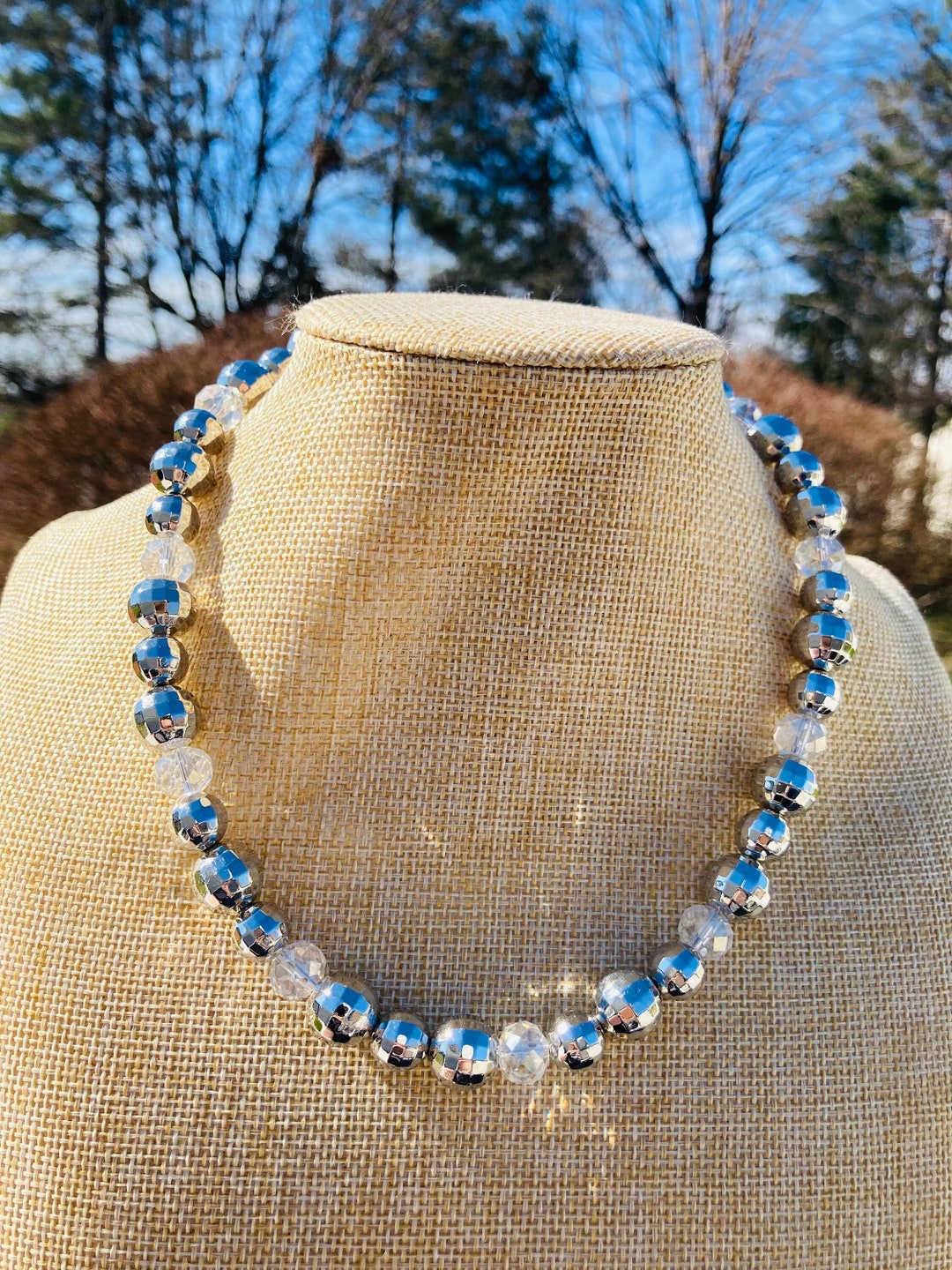 Diva Silver Disco Ball Beaded Necklace / Flashy Bling Mirror Balls With ...