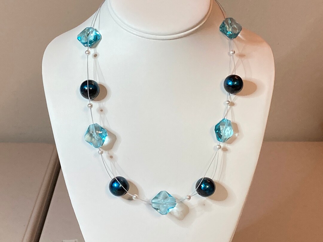 Blue Floating Necklace / Two Strand Floating Necklace / Multi-strand ...