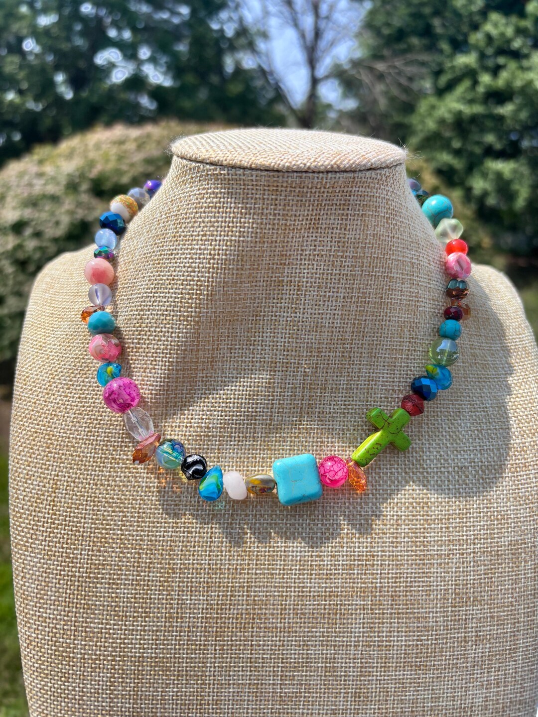 Mismatch Multi Beaded Art Necklace / Glass Czech Beads / Cross ...