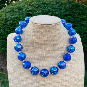 Royal Blue Beaded Necklace for Women / AB Crackle Beads / Shimmer ...