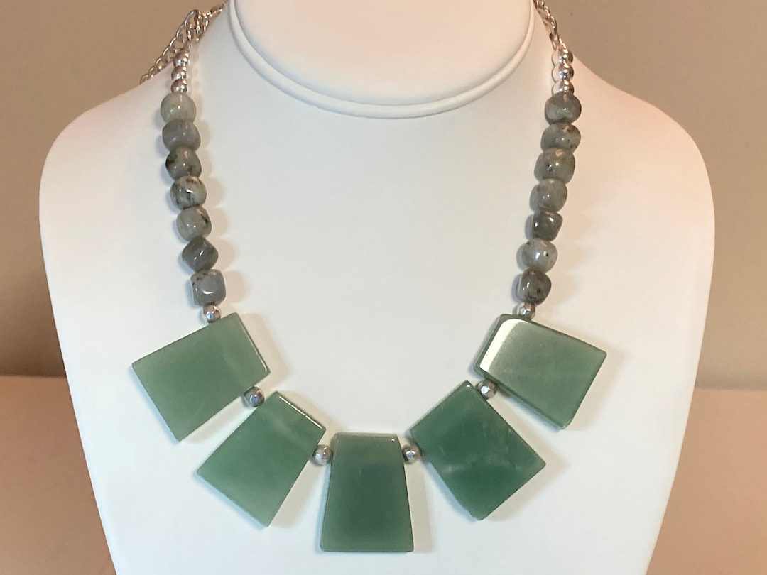 Large Green Stone Statement Necklace Aventurine / Trapezoid Necklace / Semi-precious Stones ...