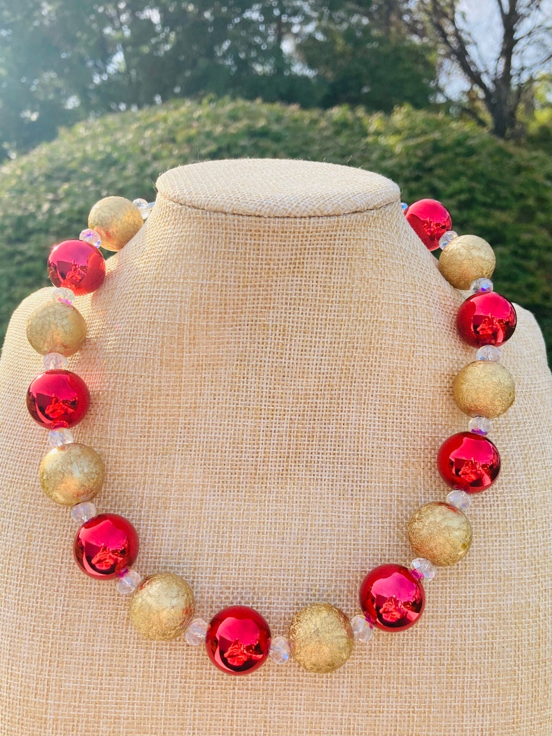 Gold and Red Beaded Necklace / Chunky Big Shiny Shimmer / Red Gold ...