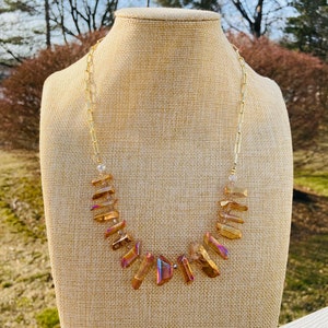 Ladies Colored Champagne Gold Rock Crystals Chain Necklace / 18K Plated ...