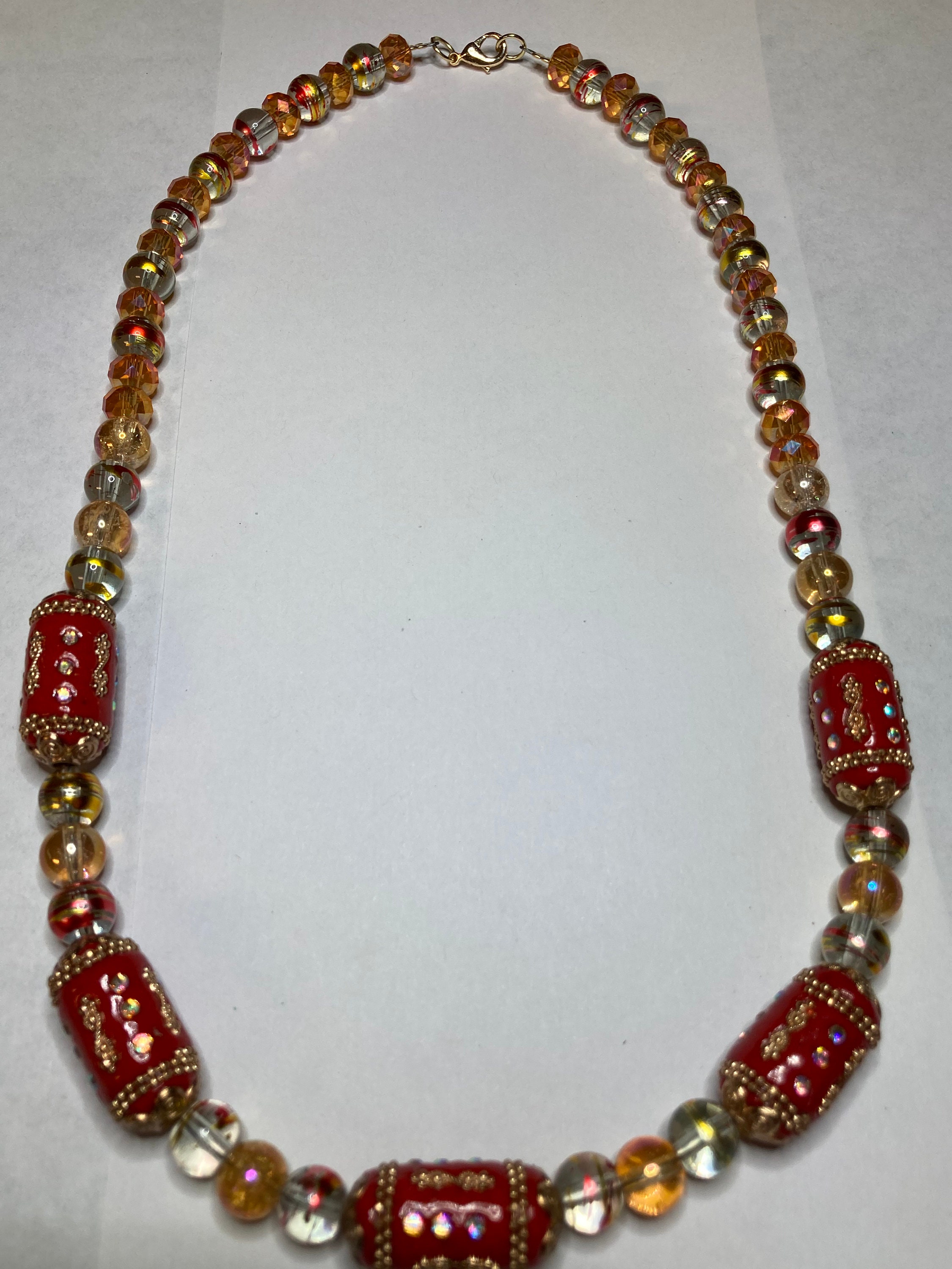 Golden Necklace / Red Rhinestone Necklace / Crackled Glass - Etsy Australia