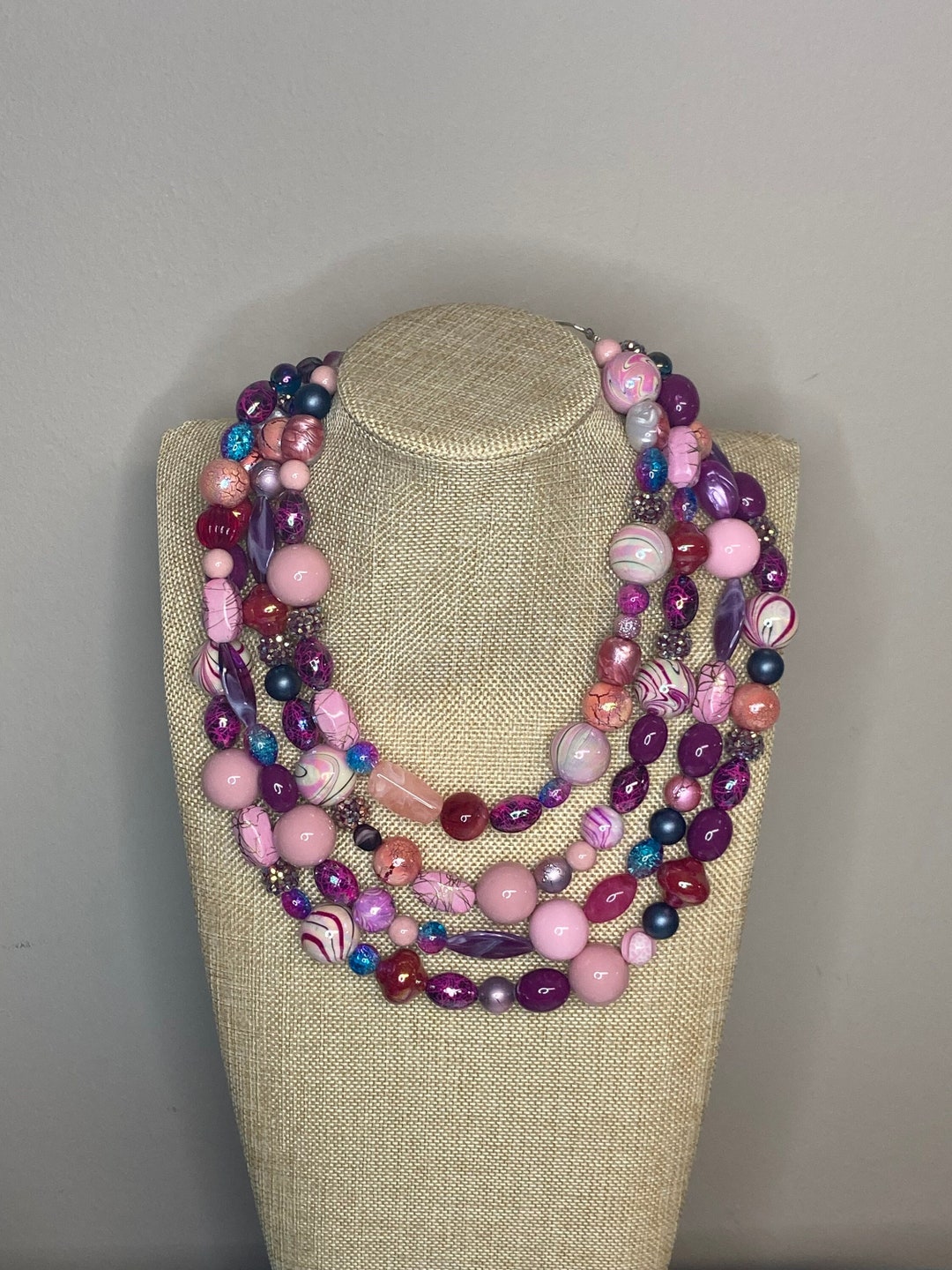Funky Chunky Fun Multi Beaded Necklace / Pink Purple Burgundy Blue ...