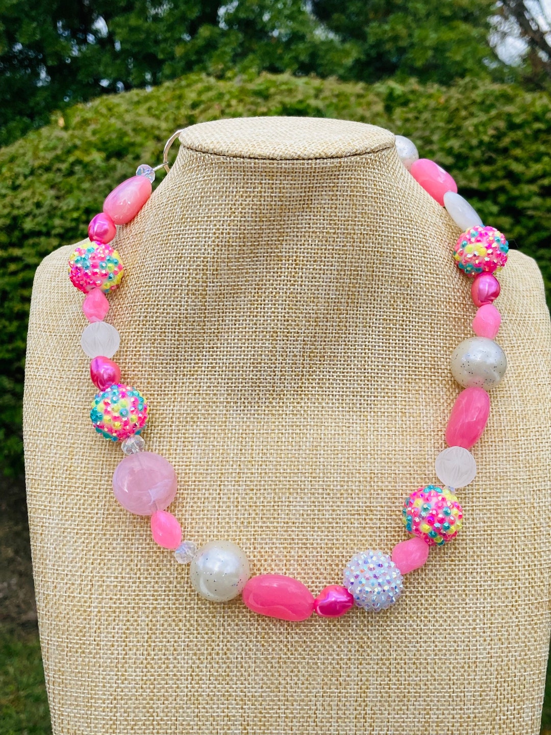 Confetti Fun Sweet Beaded Necklace for Women / Pink White Cotton Candy ...