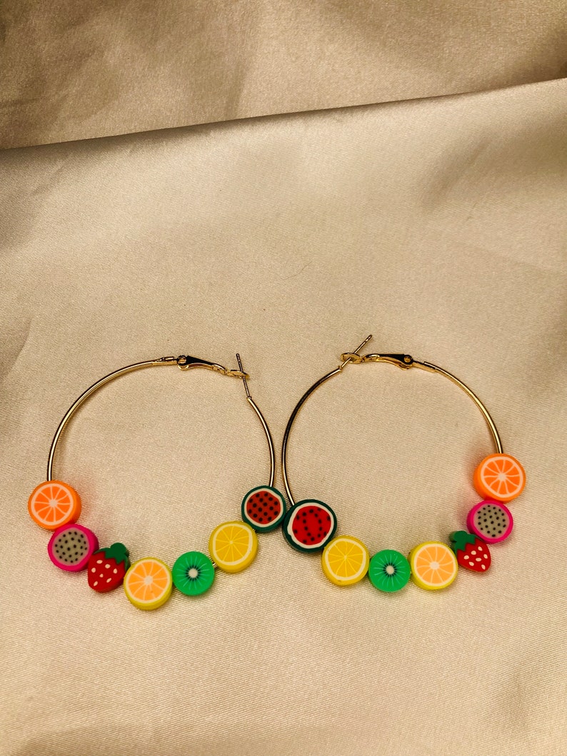 Big Hoop Fruit Earrings / Lemon Watermelon Strawberry Kiwi / Spring ...