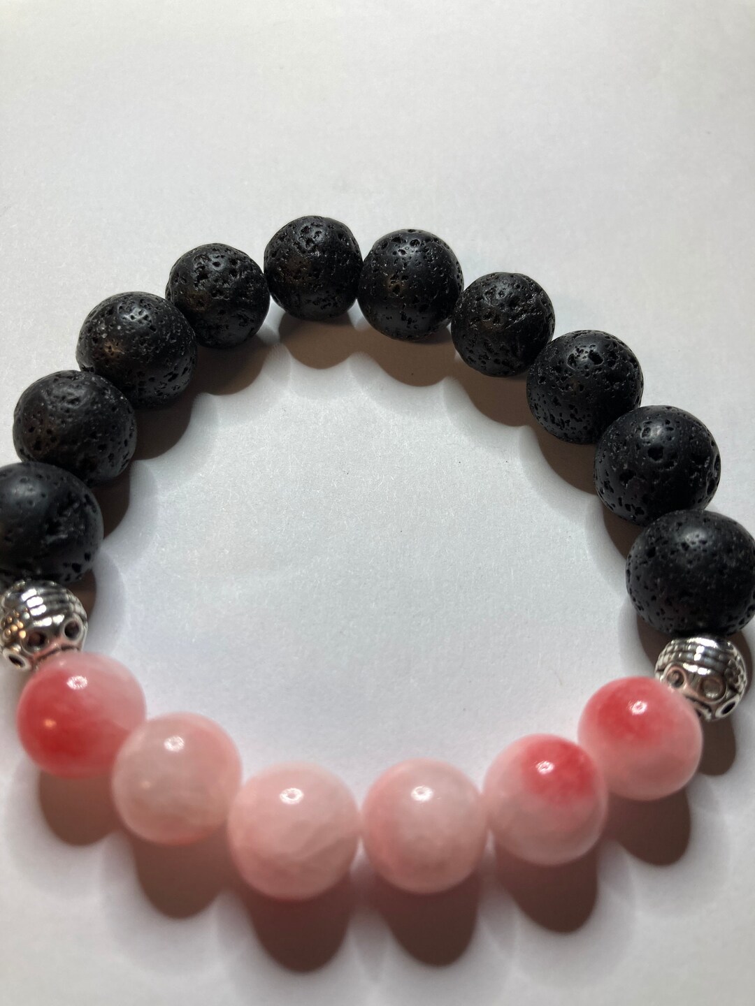 Rose Pink Glass Beaded Black Lava Rock Bracelet / Essential Oil ...
