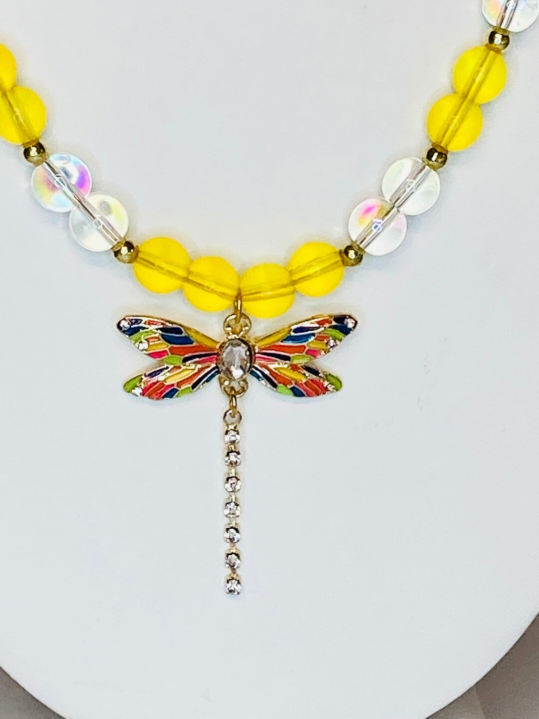 Multicolor Dragonfly Rhinestone / Dragonfly Necklace / Clear and Yellow ...