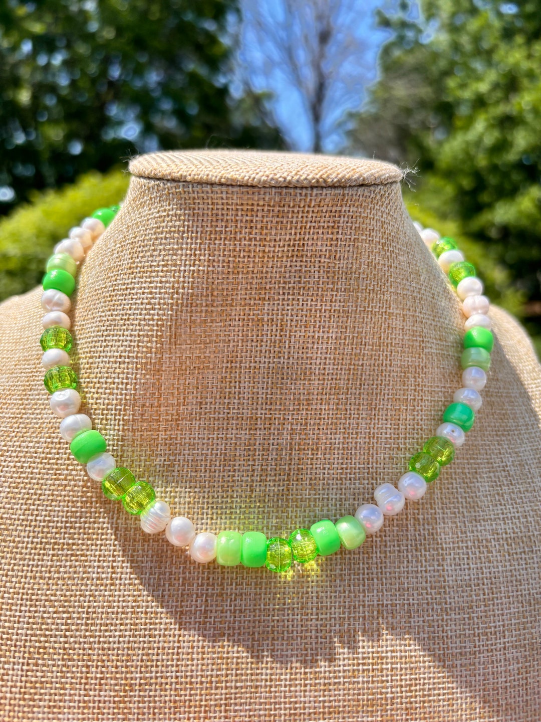 Freshwater Pearls With Green Acrylic Beads / Green Beaded Necklace - Etsy