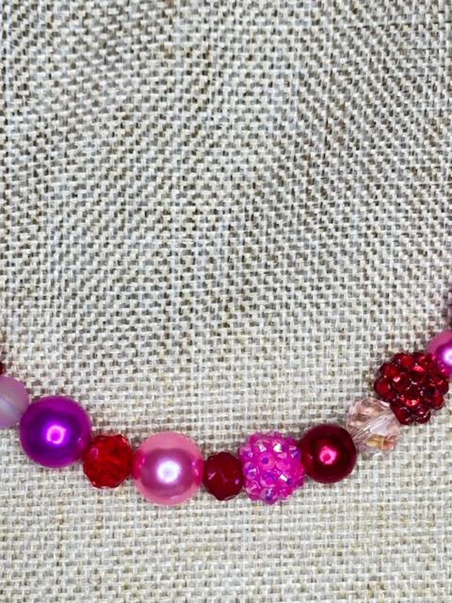 Mismatch Hot Pink Red Beaded Necklace / Rhinestone Mermaid Crackle ...
