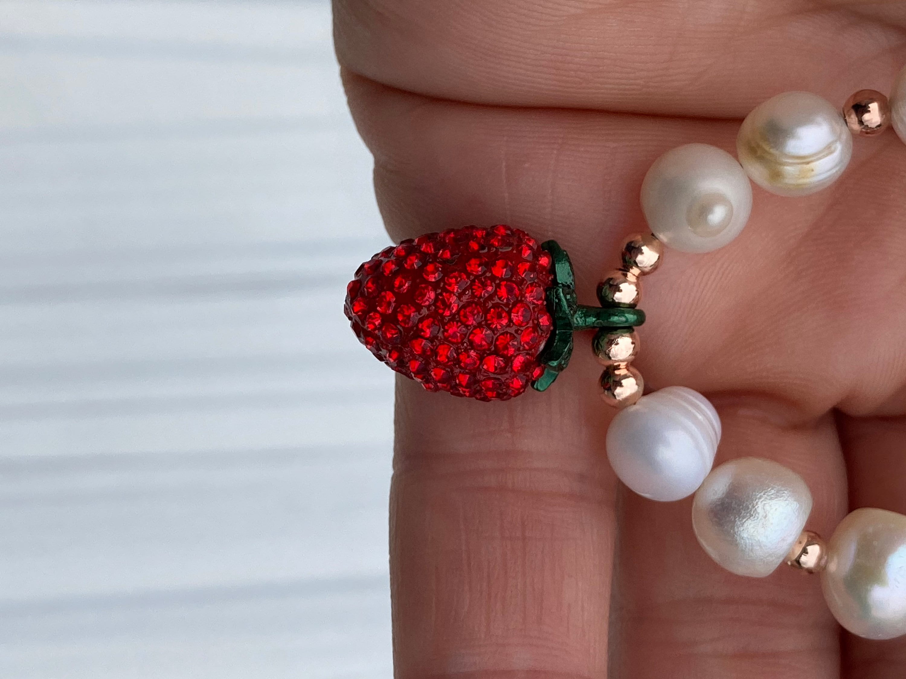 Rhinestone Strawberry Necklace / Freshwater Pearls / Fruit - Etsy
