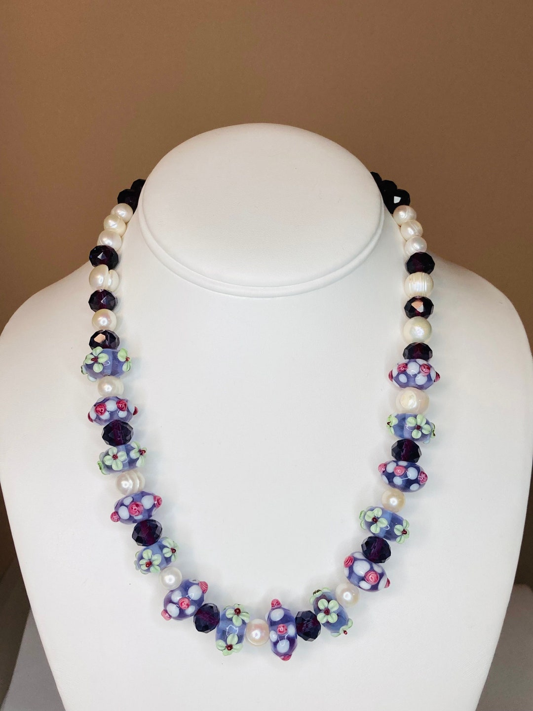 Purple Beaded Flower Lampwork Bead Necklace / Murano Beads Lampwork ...