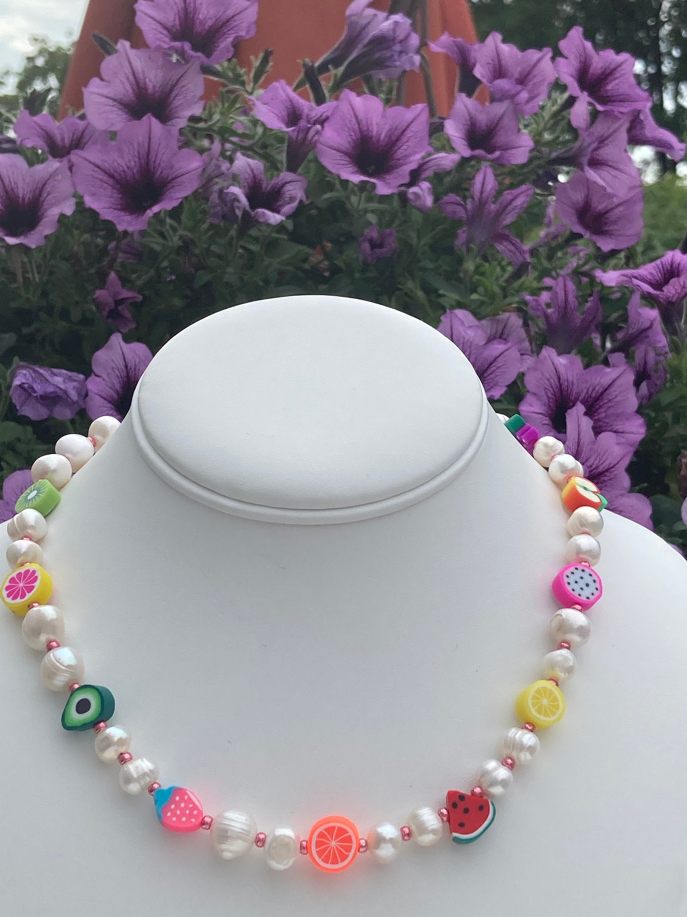 Fruit Necklace / Fruit With Freshwater Pearls and Pink Metallic Seed ...
