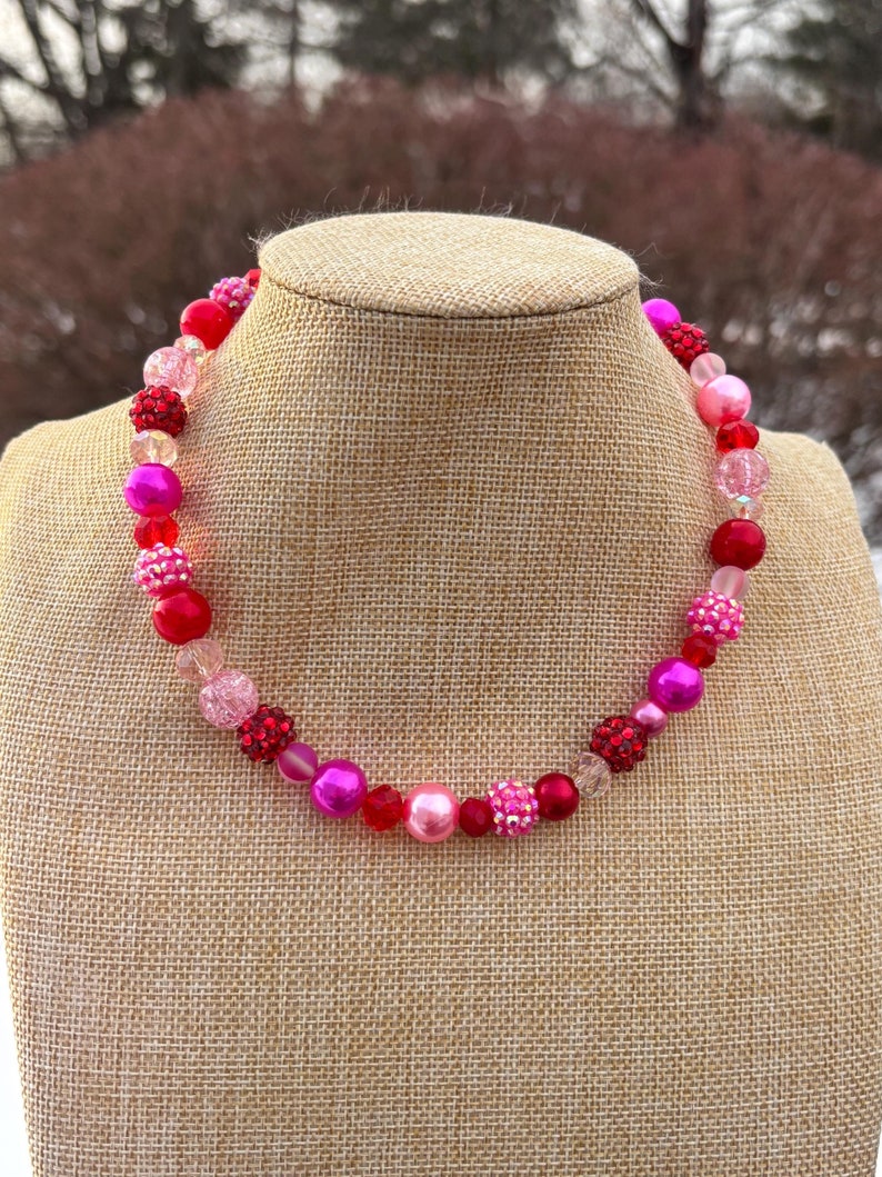 Mismatch Hot Pink Red Beaded Necklace / Rhinestone Mermaid Crackle ...