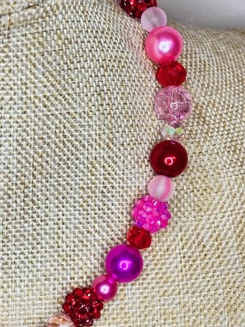 Mismatch Hot Pink Red Beaded Necklace / Rhinestone Mermaid Crackle ...