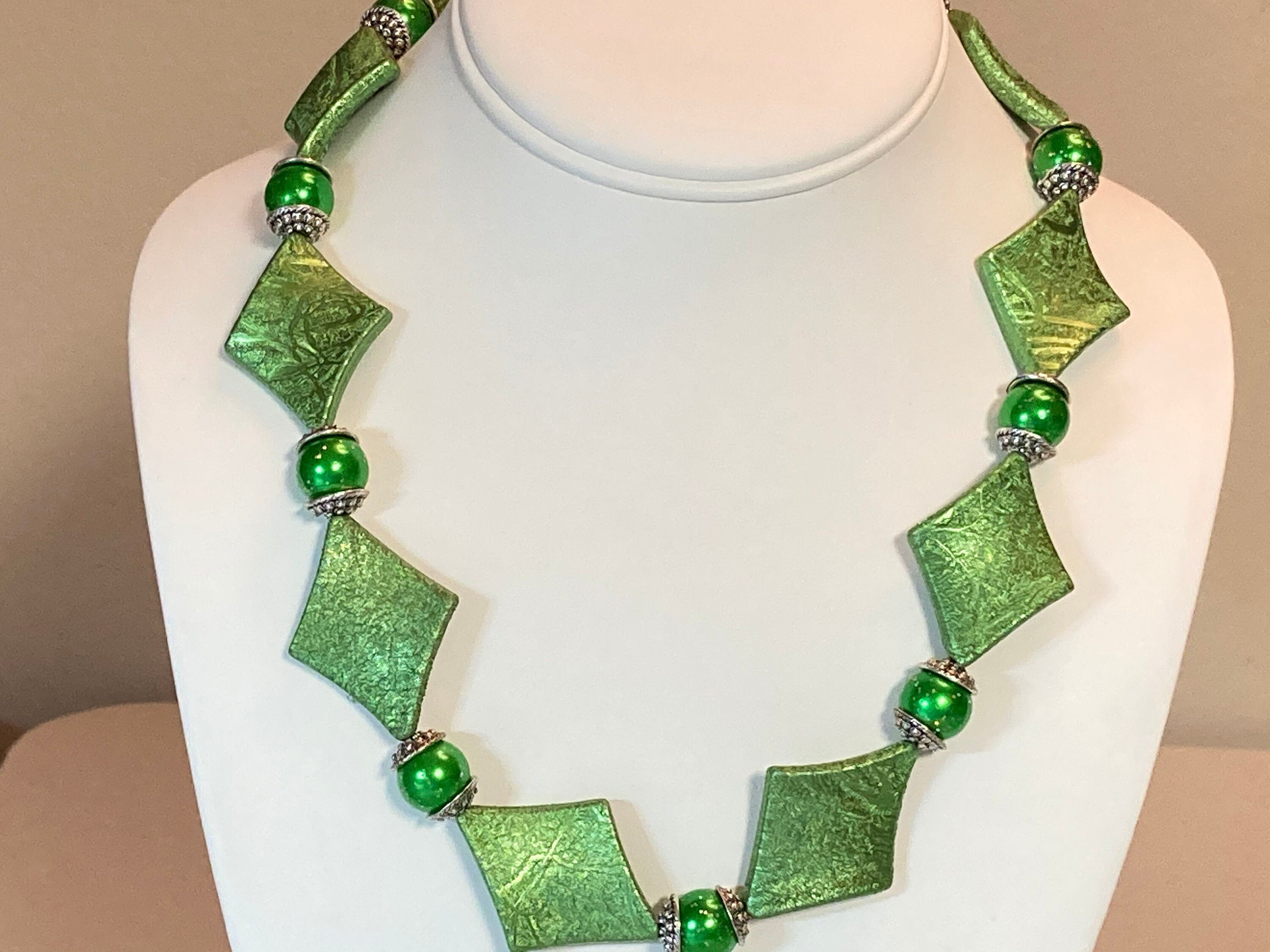 Green Diamond Shape Beads / Green Beads With Glitter and Silver Caps ...
