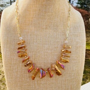 Ladies Colored Champagne Gold Rock Crystals Chain Necklace / 18K Plated ...