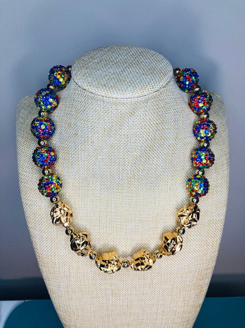 Rainbow Rhinestone Chunky Beaded Necklace / Gold Colored - Etsy