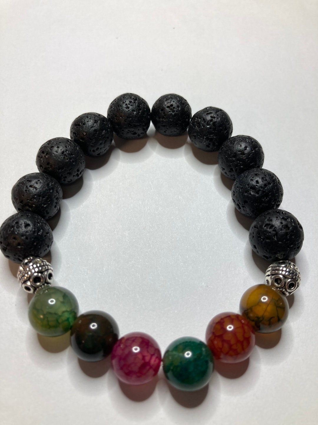 Black Lava Rock Bracelet / Multicolor Glass Stone / Essential Oil ...