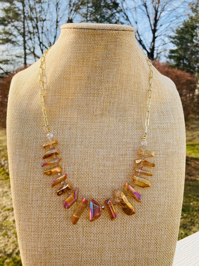 Ladies Colored Champagne Gold Rock Crystals Chain Necklace / 18K Plated ...