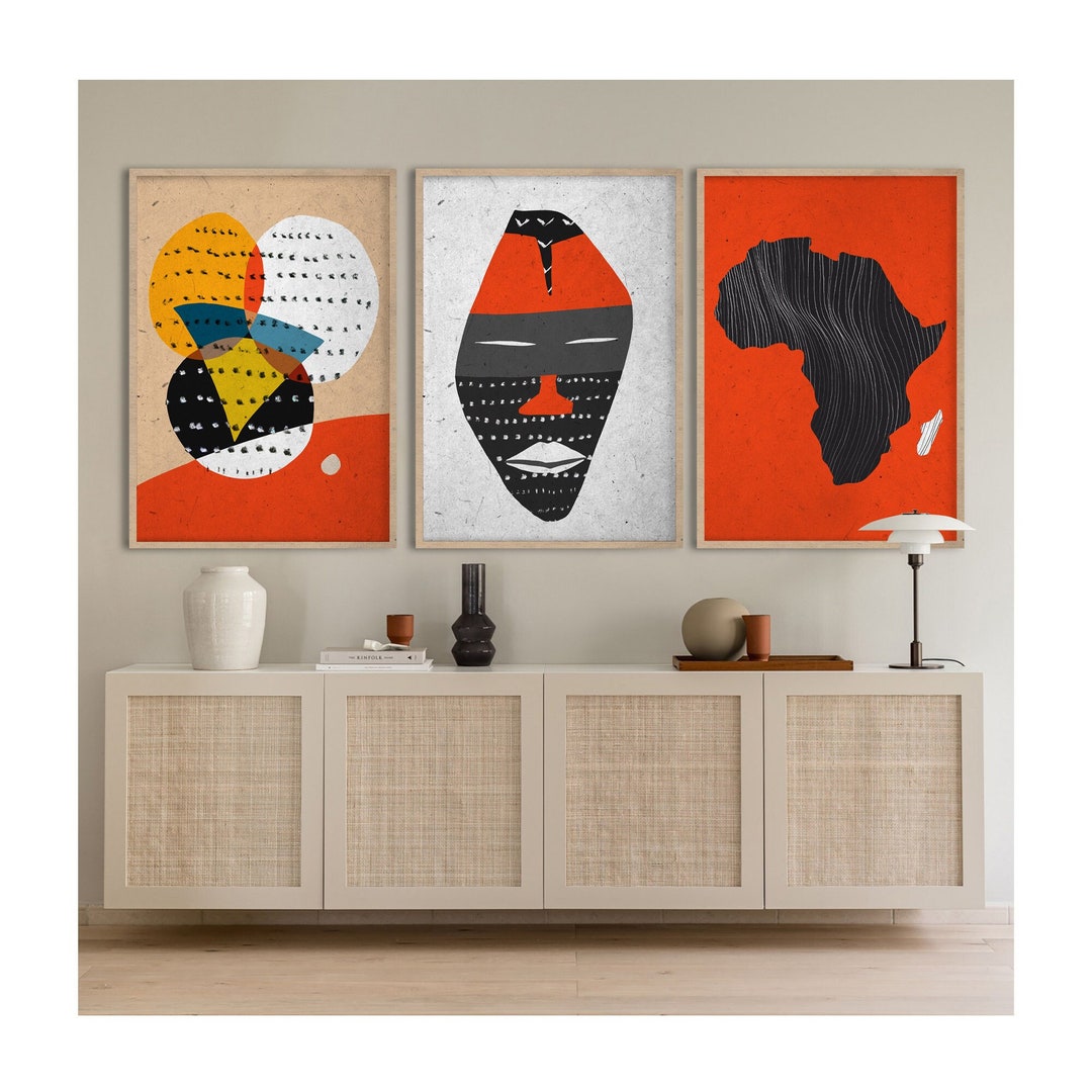 African Ritual Mask Print Set, Colorful Afro Modern Abstraction, Ethno ...