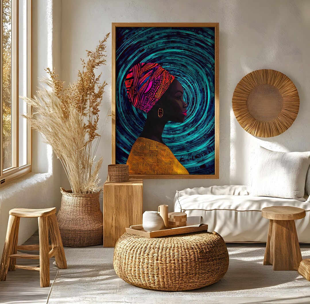 African Woman Abstract Portrait, Black Girl With Blue Swirl Background ...