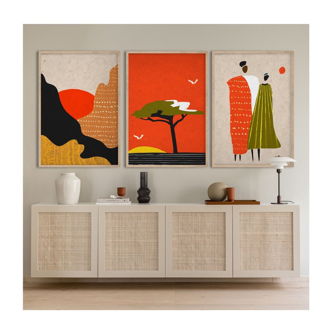African Nature Triptych, Africa Contemporary Set of 3, Serengeti ...