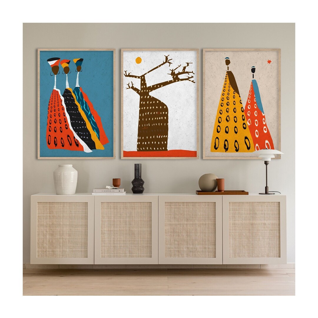 African Art Ethnic Poster, Black Woman and Man Modern Triptych, Modern ...