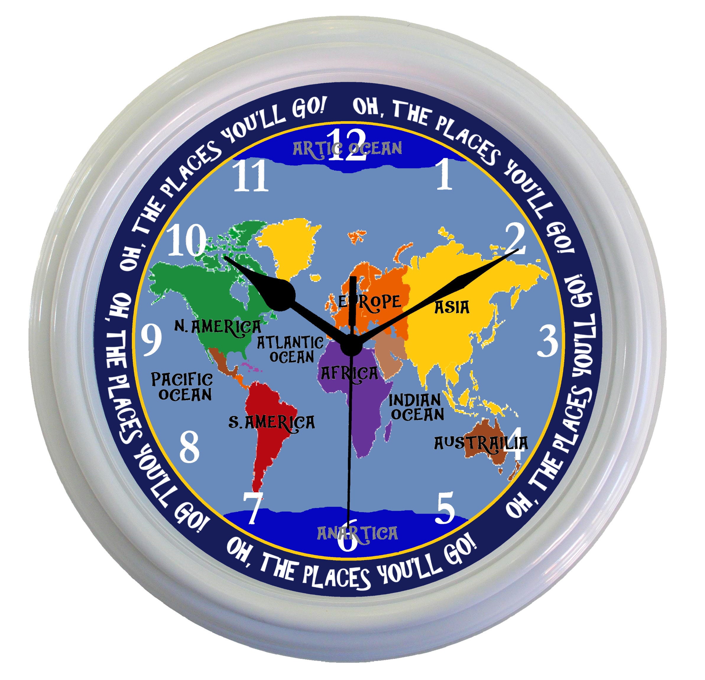WORLD MAP Wall Clock,Oh the Places You'll Go Clock,Novelty Clock,Unique ...