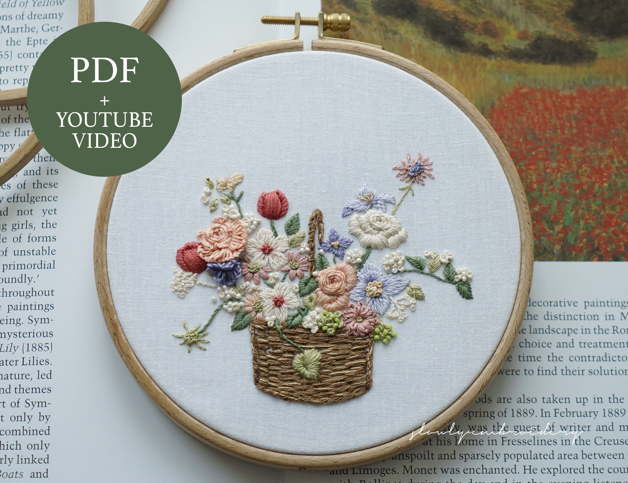 Flower Basket Embroidery Pattern + Video Tutorial, Hand Embroidery PDF ...
