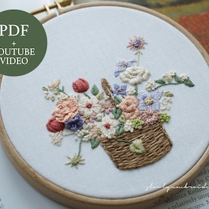 Flower Basket Embroidery Pattern + Video Tutorial, Hand Embroidery PDF ...
