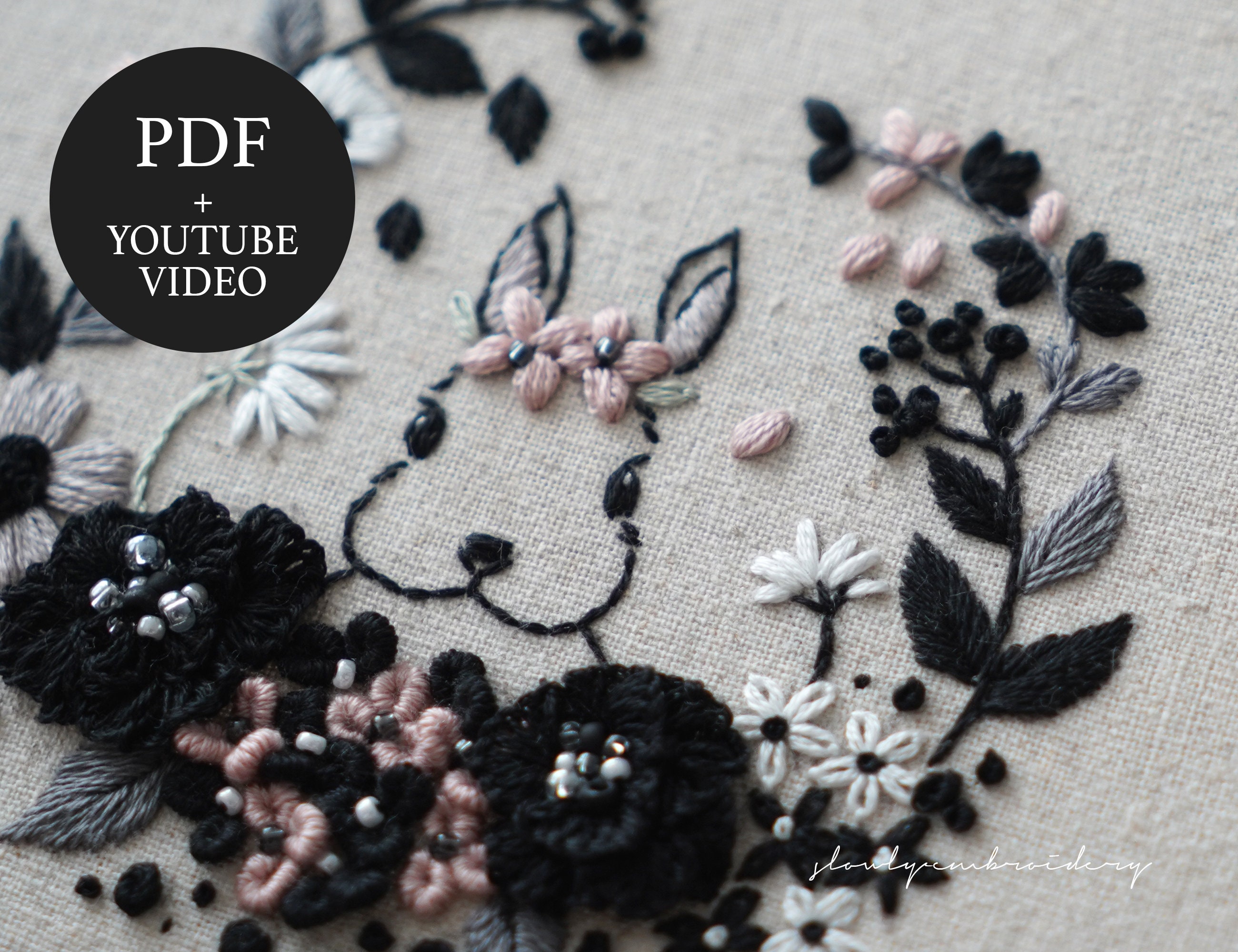 Black Rabbit Hand Embroidery PDF Pattern Video Tutorial - Etsy