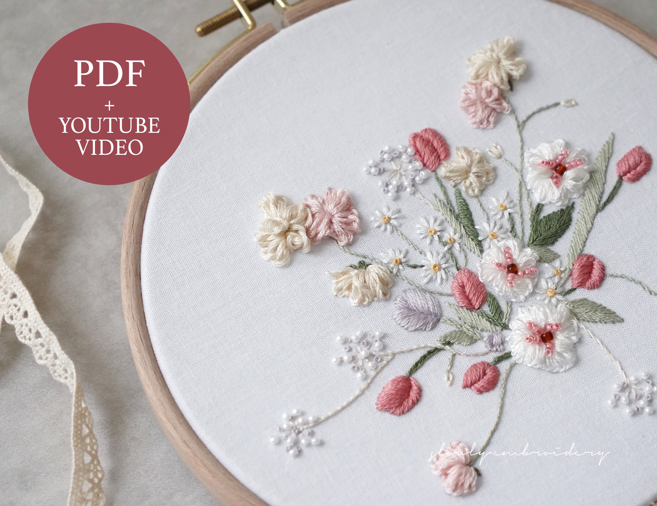 A Pinkish Bouquet | Hand Embroidery PDF Pattern + Youtube Tutorial - Etsy