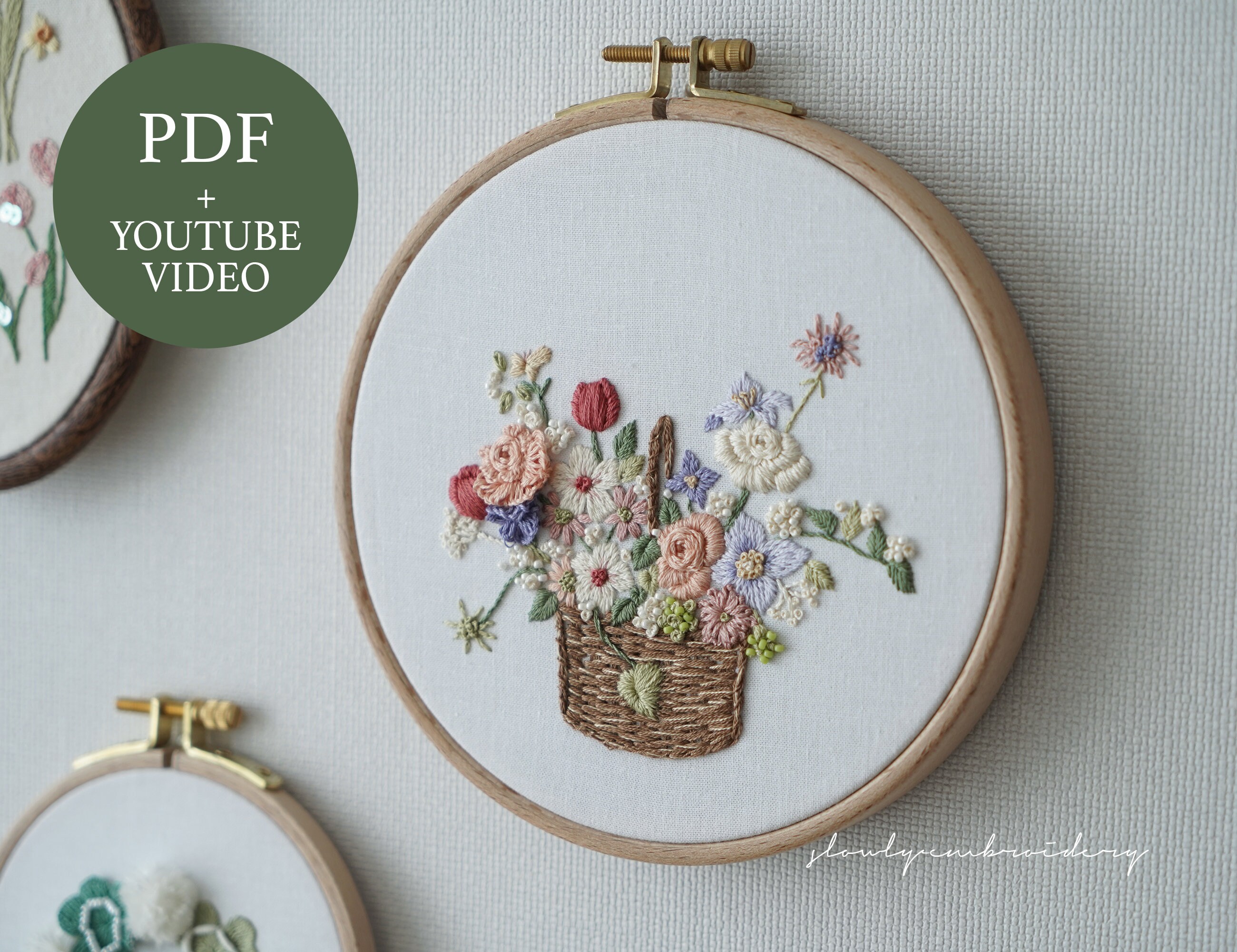 Flower Basket Embroidery Pattern + Video Tutorial, Hand Embroidery PDF ...